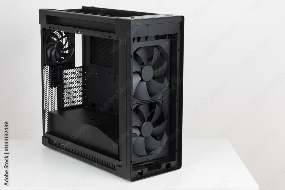 Side view of empty big tower, PC case, chassis, two extra-thick 200 x ...
