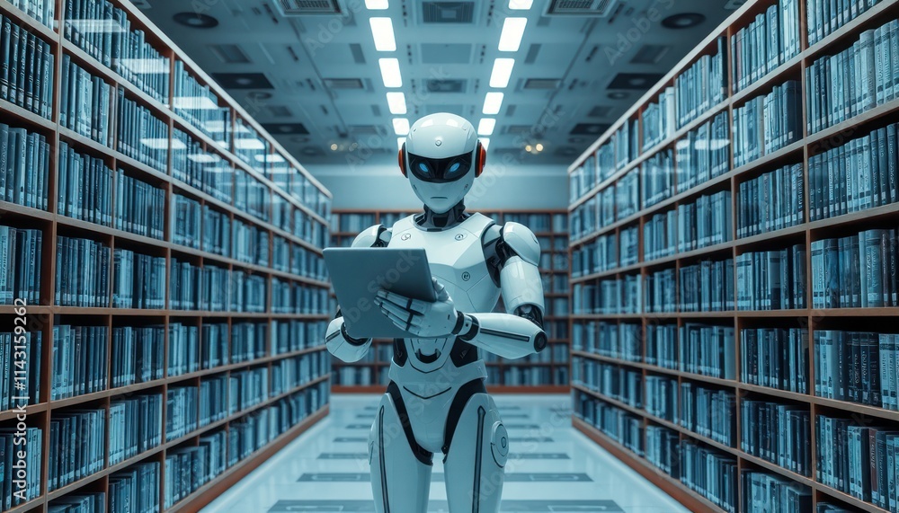 Futuristic library setting shows robotic librarian organizing digital ...