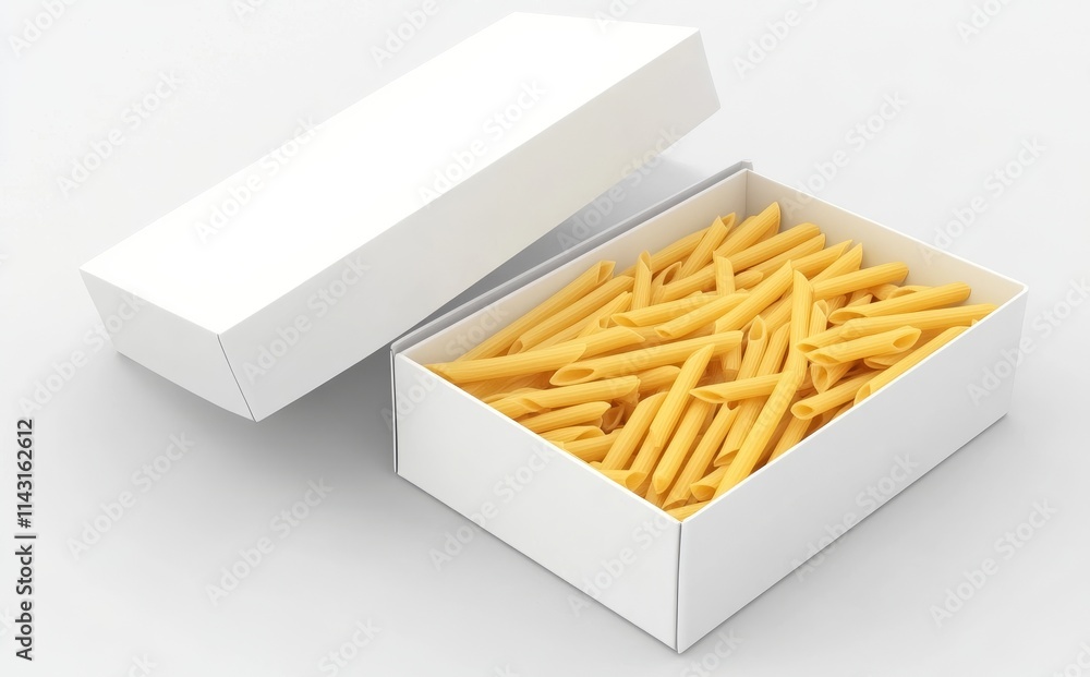 A 3D rendered image of pasta in a white paper box with a clear plastic ...