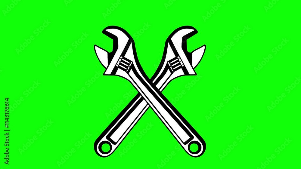 Crossed Adjustable wrench animation. Repair tools motion on green ...