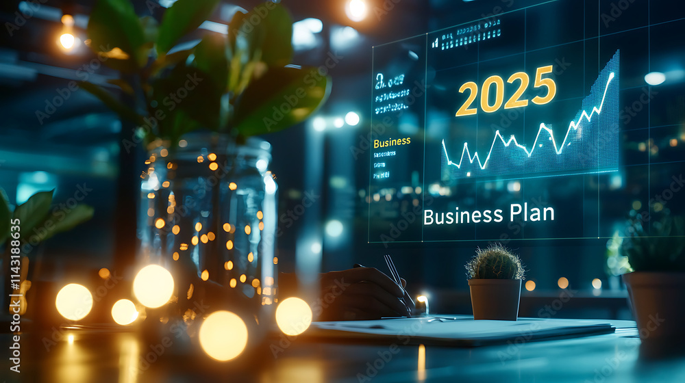 Business plan presentation with digital display showing growth trends ...