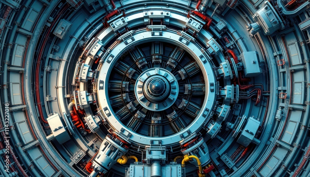 Complex nuclear reactor dome. Closeup view shows intricate control rods ...
