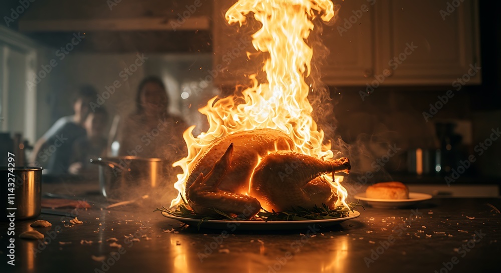 Kitchen mishap with a roast turkey catching fire, smoke billowing from ...