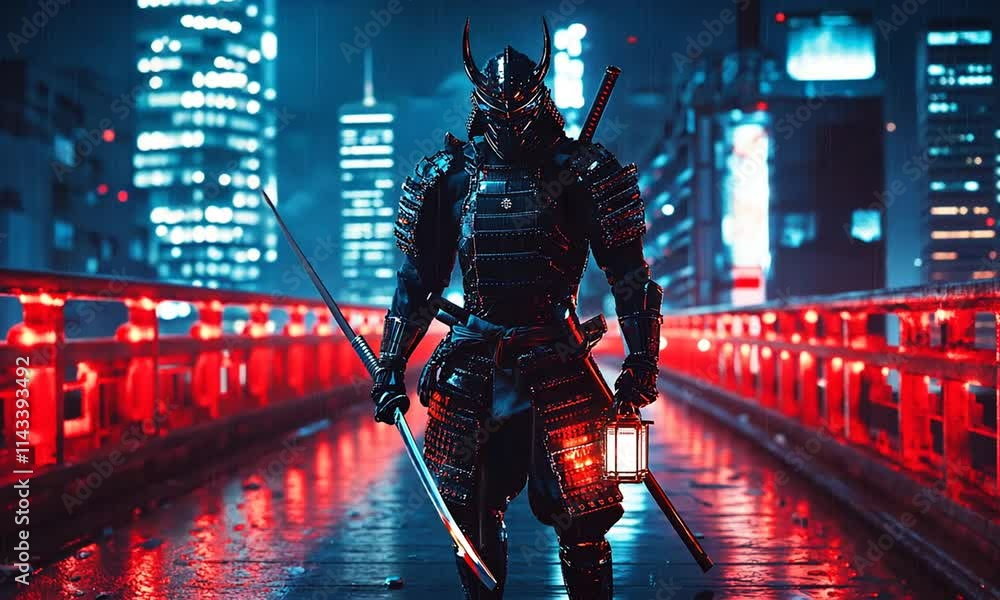 A samurai in dark armor stands on a neon-lit bridge, embodying a ...