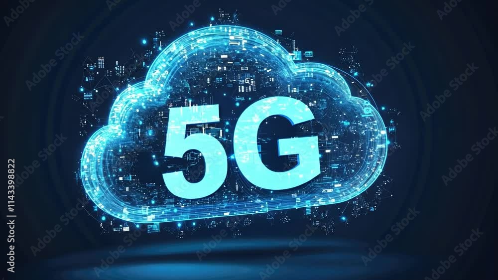 5G Cloud Network: Futuristic digital cloud shaped as 5G network symbol. glowing blue, data ...