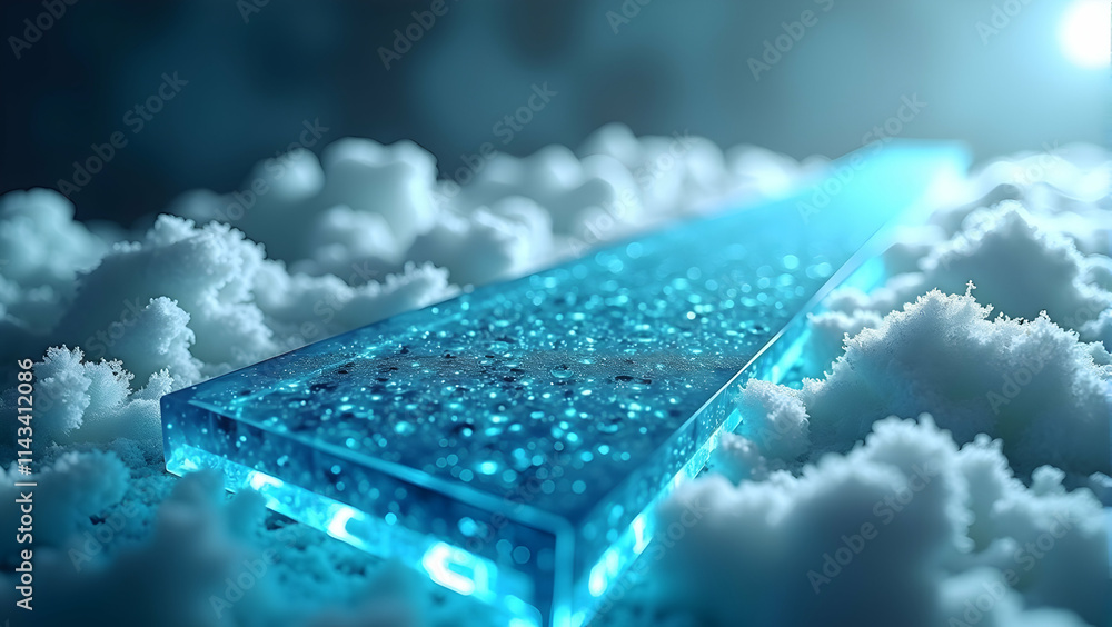 Glowing aqua arrow pierces a snowy landscape, a beacon of hope in a ...