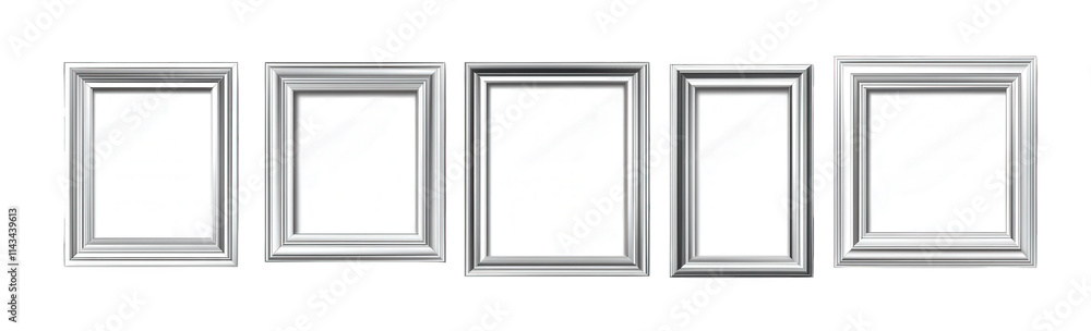 five blank picture frames in a row. isolated on a transparent ...