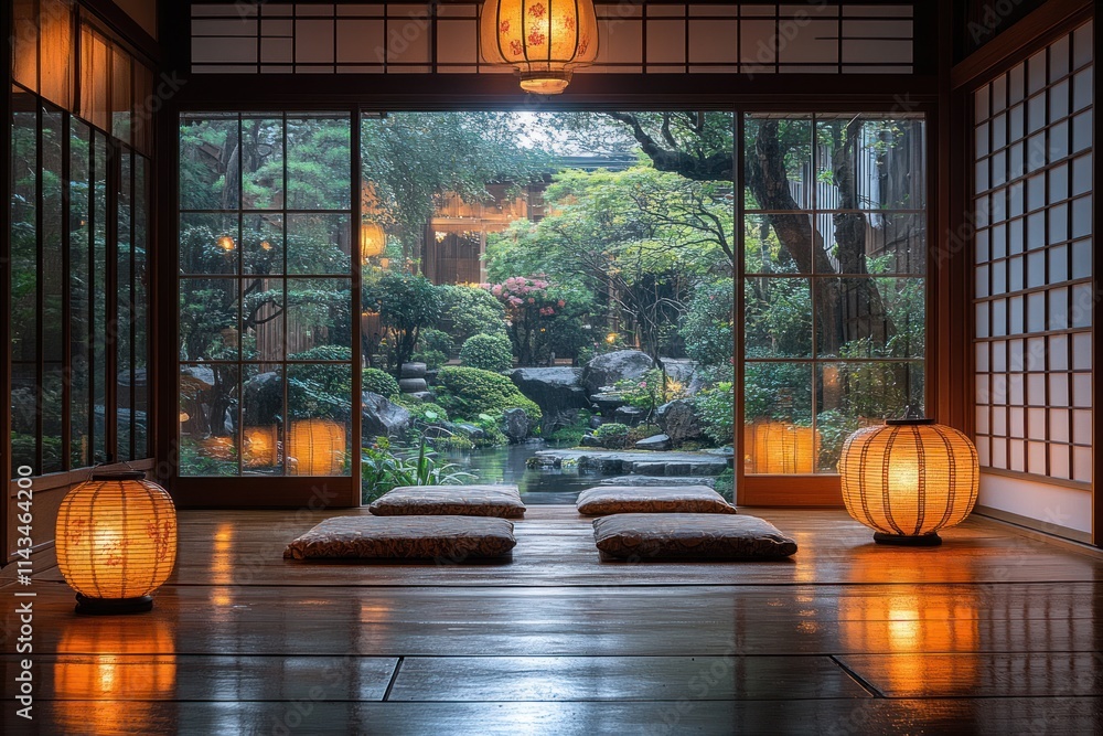 Serene Japanese Tea House Interior Traditional Wooden Beams Shoji Doors ...