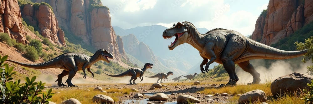 Allosaurus hunting a herd of early sauropod dinosaurs, jurassic period ...