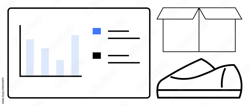 Graph with bars and color-coded data, open shipping box, and shoe icon ...