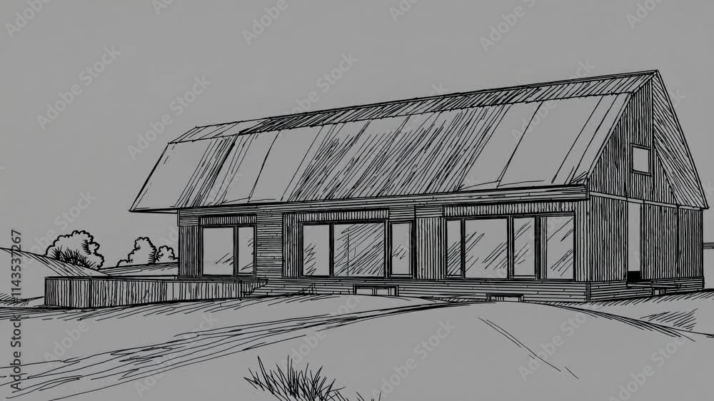 Modern Line Drawing of Building with Attached Garage, Simplistic Style ...