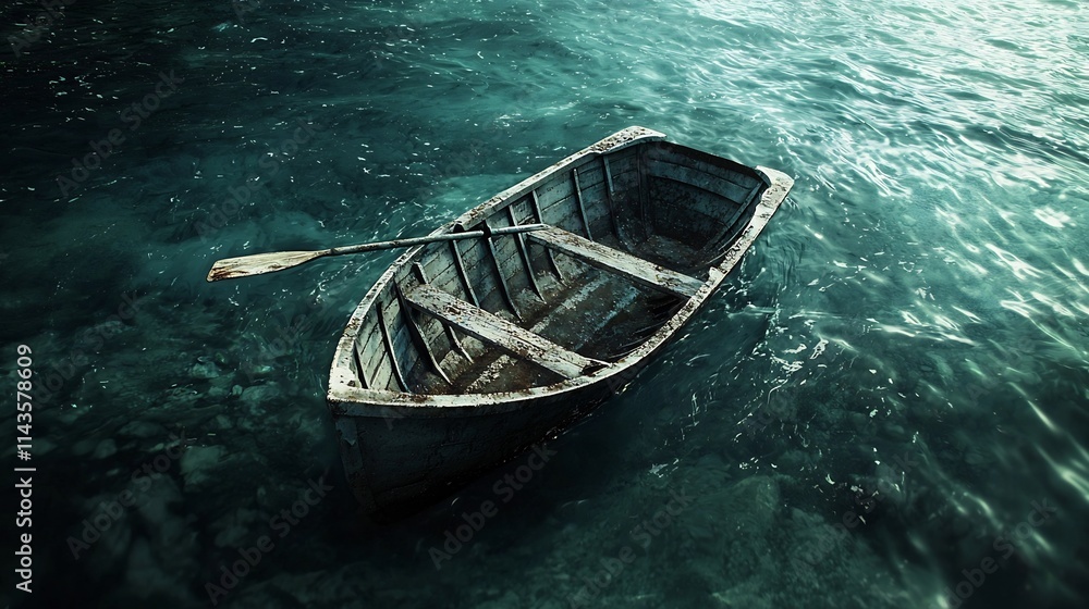 Sinking rowboat with broken oars drifting alone in the middle of a ...