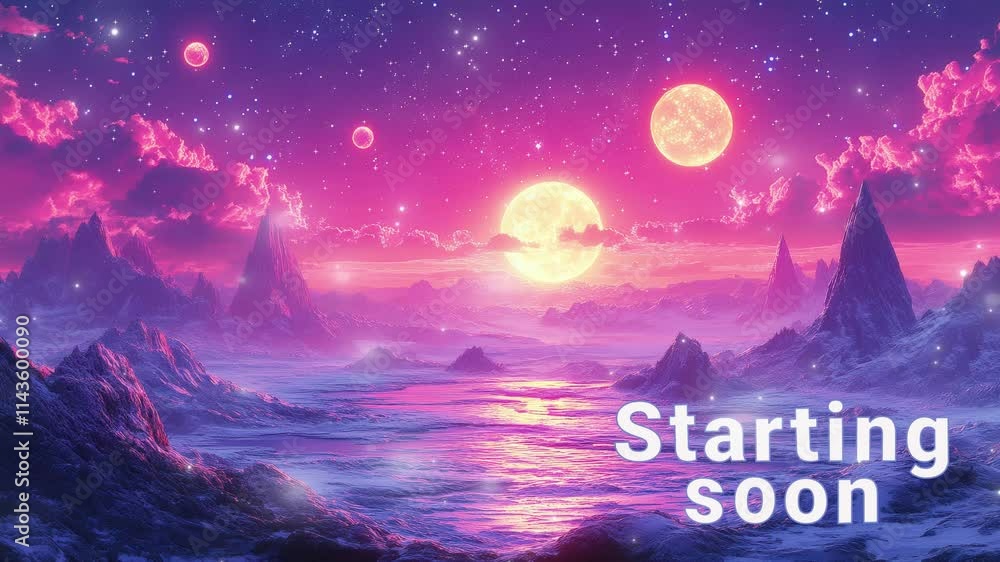 Majestic cosmic sunset over serene ocean waves in a dreamlike landscape ...