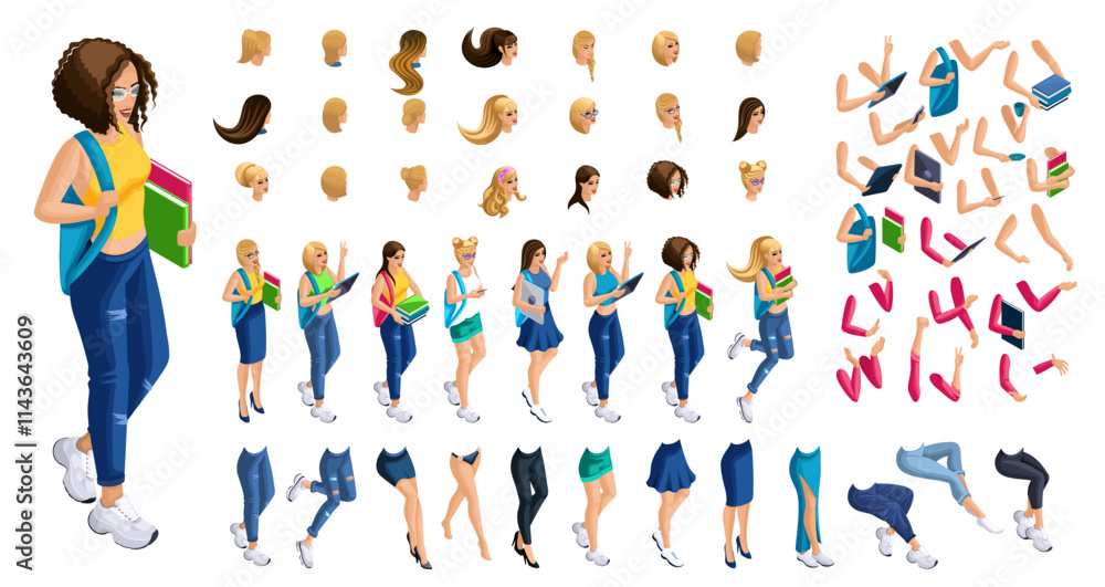 Isometric cartoon people, 3D Set for creating Girl Student person. Full ...