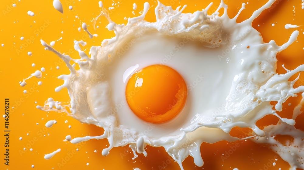 White milk. Milk splashes in the air, There are One egg yolk, against a ...