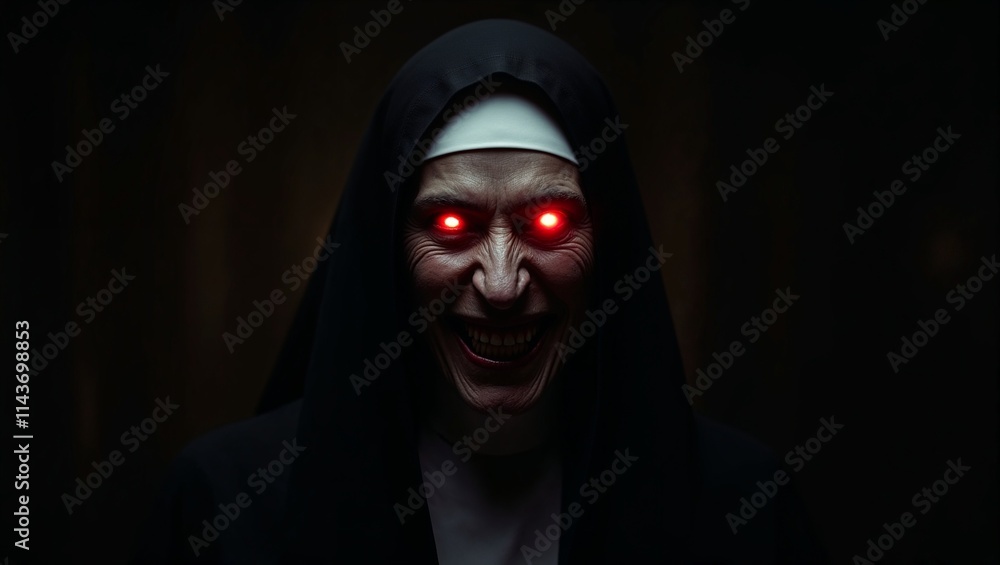 An evil nun with glowing red eyes and a creepy smile, captured against ...