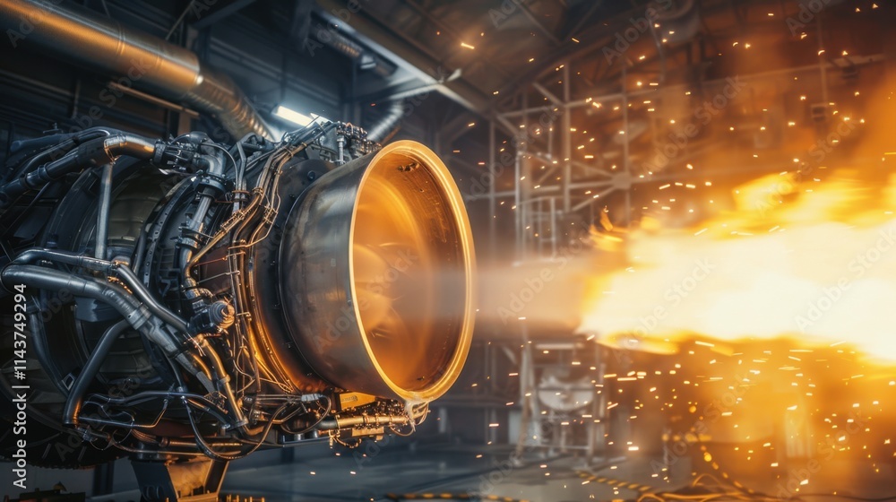 Poster, Foto A jet engine test with afterburner at full thrust, intense ...