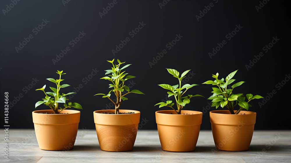 Growth & Progress: Four potted plants in different stages of growth ...