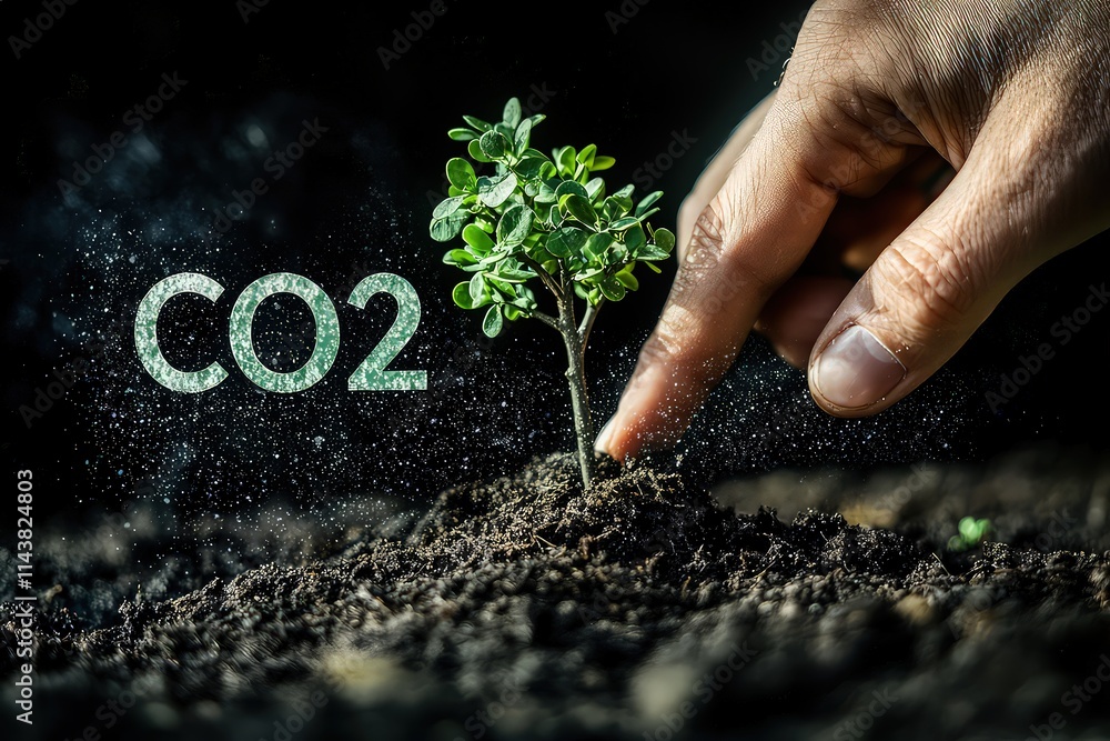 Poster A hand planting a tree sapling in the soil, with faint "CO2 ...