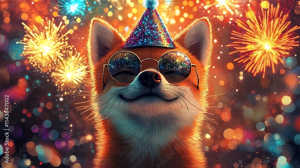 Cartoon of a cheerful and playful Shiba Inu dog wearing a party hat ...