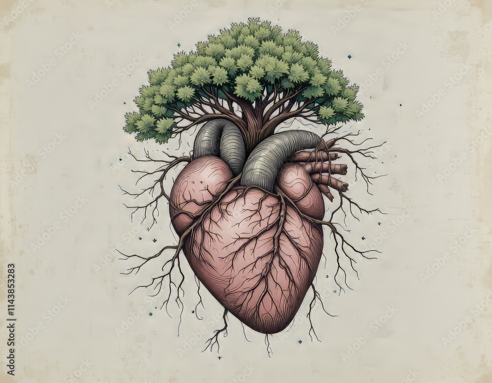 Un corazón humano con intrincados detalles anatómicos, del cual crece ...