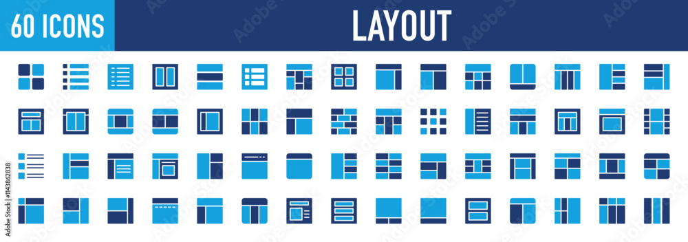 Set of 60 Layout blue icon. Apps, List Items, Partition, Categories ...