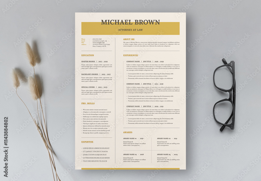 Resume Layout with Golden Accents Stock Template | Adobe Stock