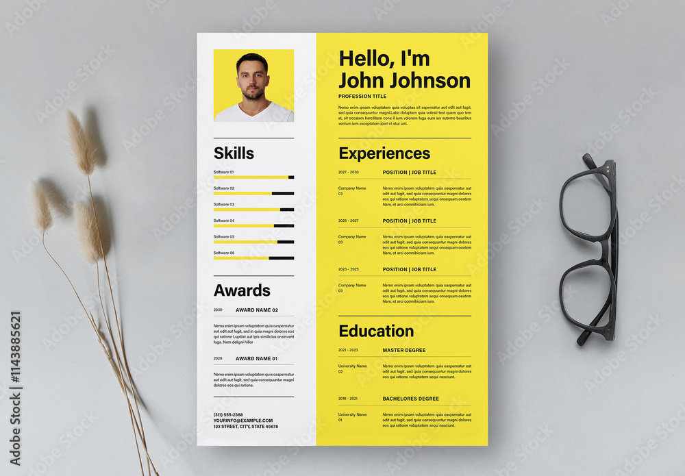 Resume Layout with Yellow Accents Stock Template | Adobe Stock