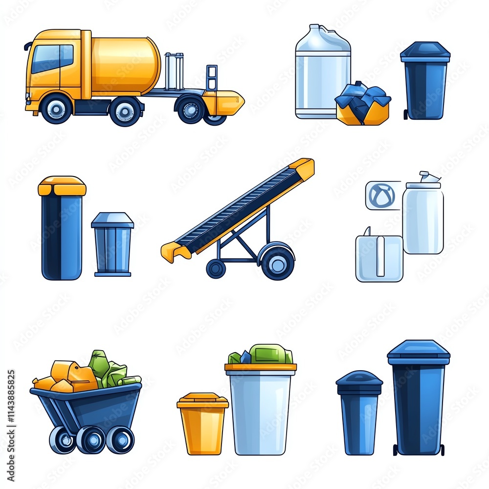 A colorful collection of waste management icons, including trucks, bins ...