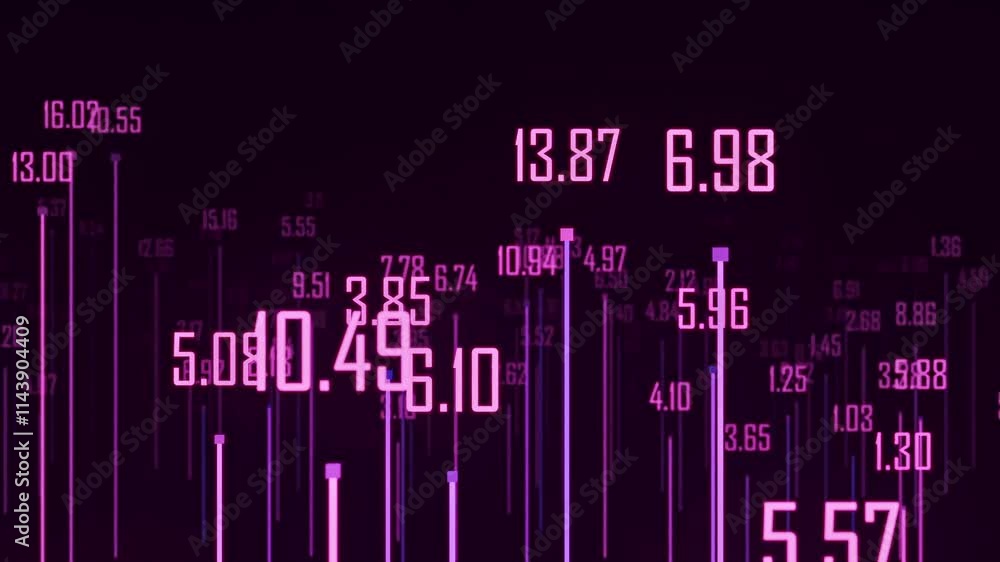 Glowing pink and purple numbers rise on vertical lines like a dynamic ...