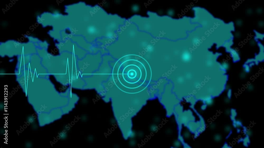 Wave pattern world map.Earthquake with word map, blinking dot and ...
