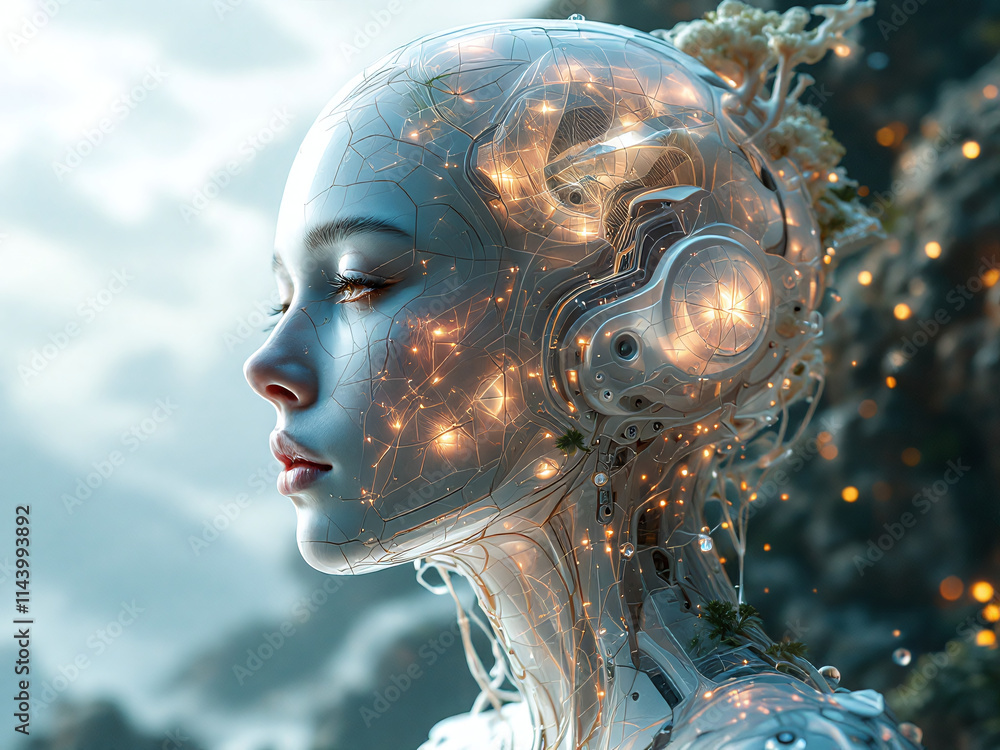 A digital art piece shows a futuristic cyborg with glowing internal ...