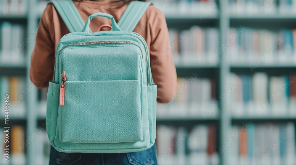 Personal Goals. Student with a mint green backpack in a library setting ...
