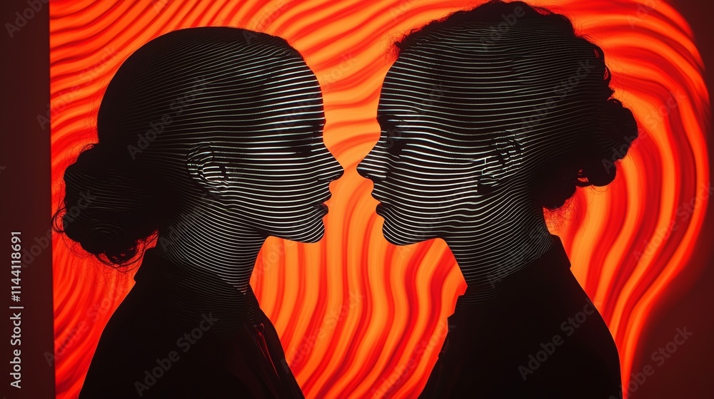 Silhouettes of two people with flowing patterns in vivid red background ...