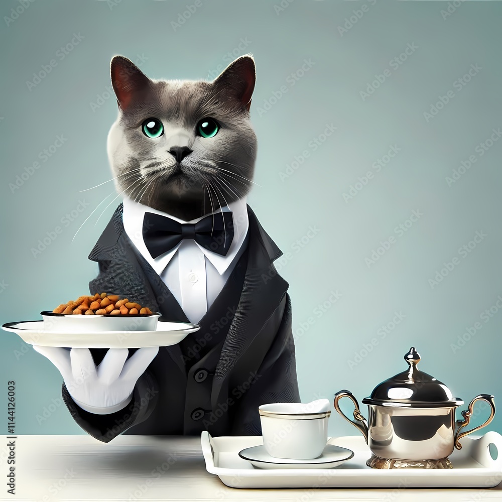 An elegant cat waiter in a tuxedo with a bow tie holds a tray with a ...