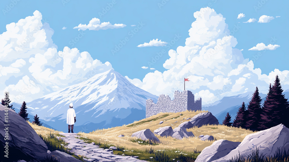 8-bit pixel art medieval castle landscape, rolling hills, stone walls ...