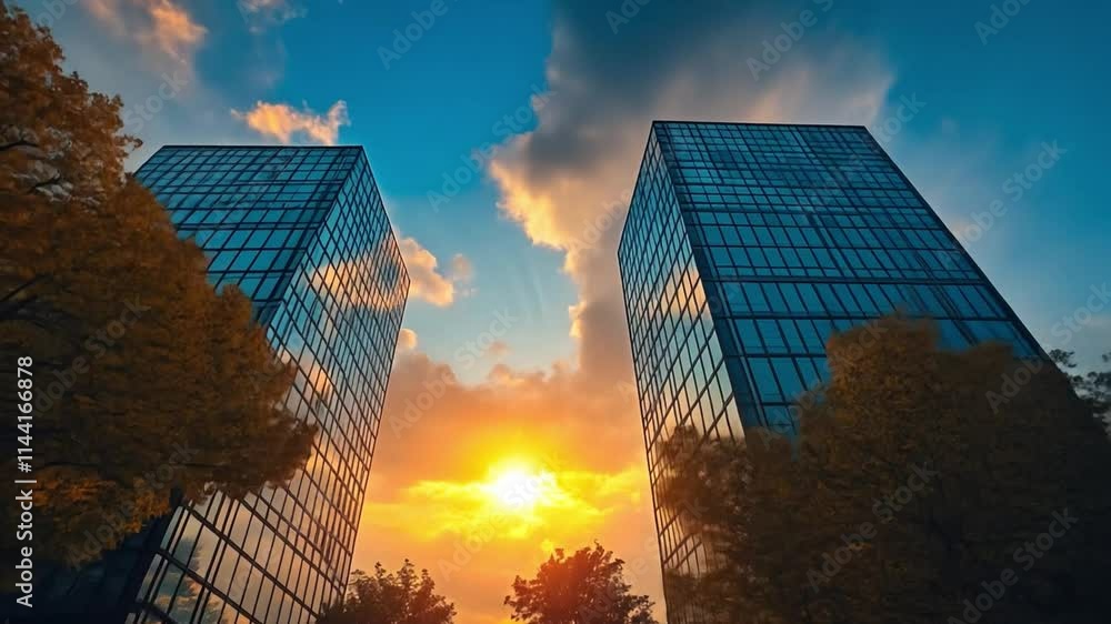 Sunset Skyscrapers: Twin towers of glass and steel pierce the vibrant ...