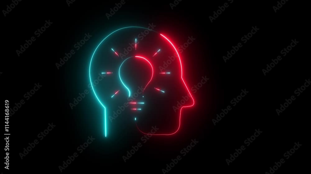 abstract neon head and bulb icon text animation on a black background ...