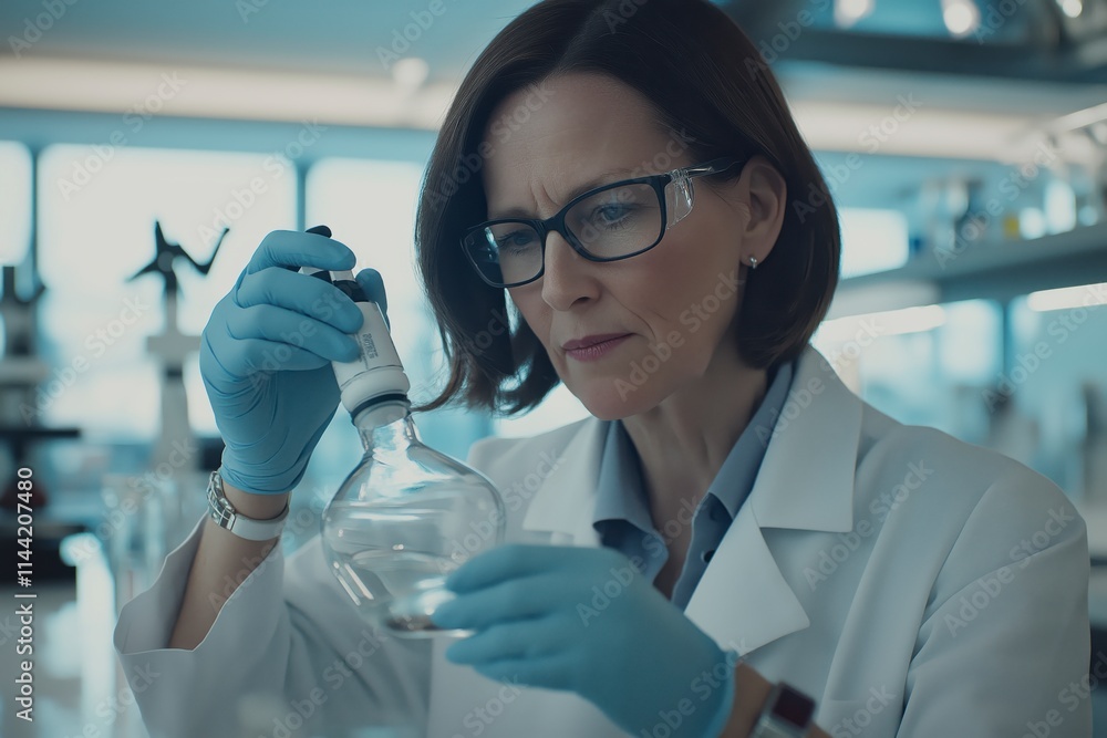 Middle-aged female scientist analyzes water samples for pesticide ...