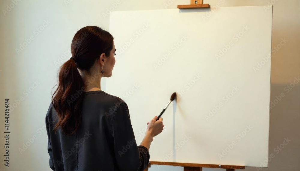 Person painting at easel with brush poised, focused on creating artwork ...