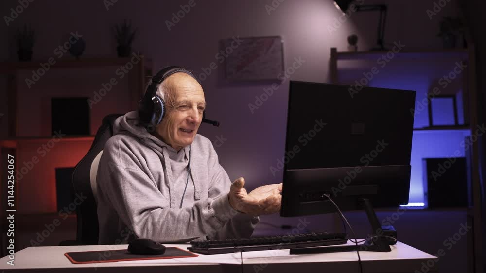 Elderly pensioner man playing online games using pc gaming setup having ...
