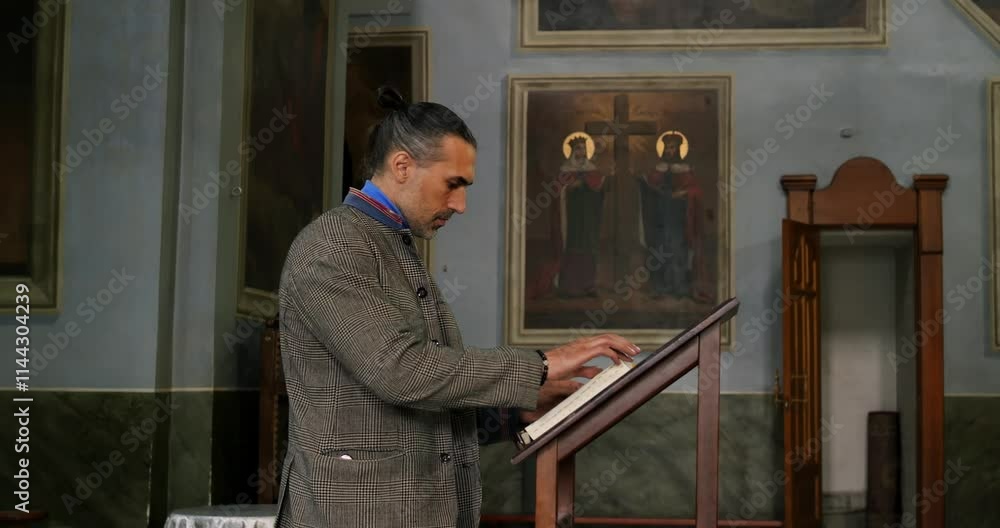 Religious leader preaches scripture with dedication, delivering sacred ...