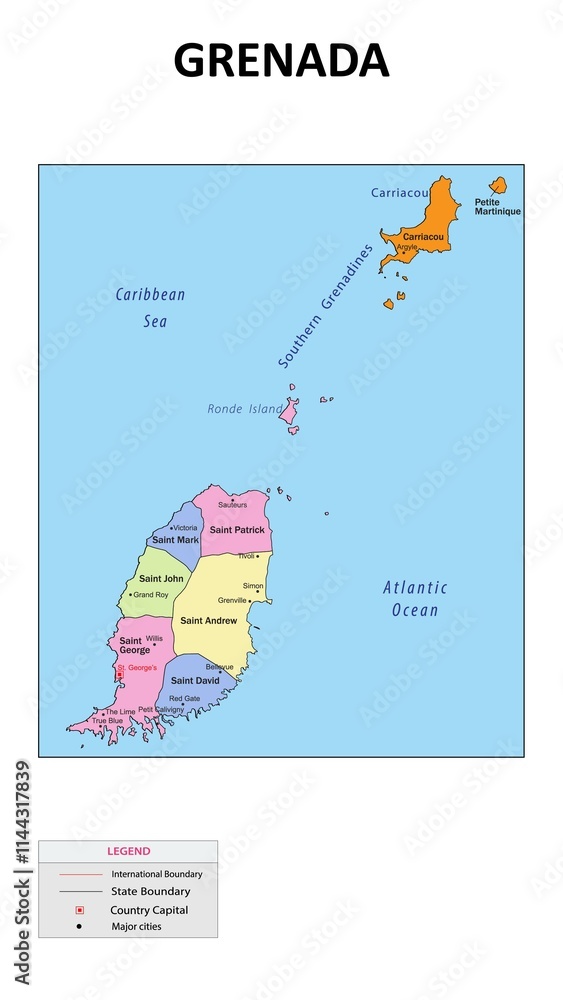 ภาพประกอบสต็อก Grenada Map. State and union territories of Grenada with ...