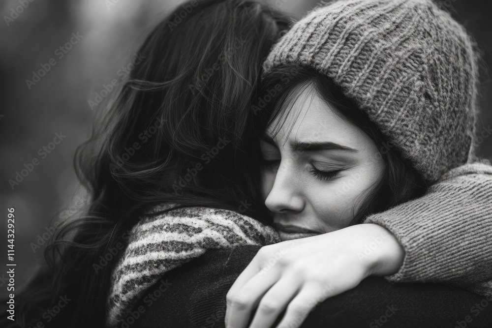 Two women hug each other, one of them wearing a gray hat. The woman in ...