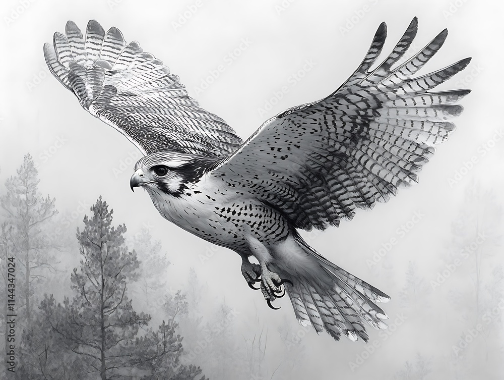 Majestic black and white falcon in flight, line art, empty coloring ...