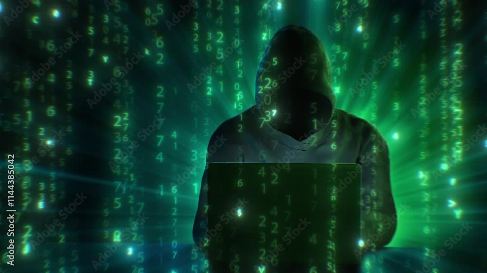 Hacker in Hoodie Working in Dark Abstract Space Laptop Keyboard Typing ...