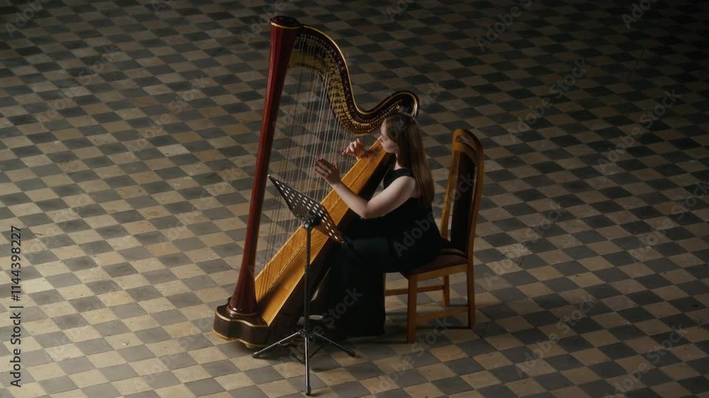 High angle full shot of skillful young female Caucasian harpist in ...