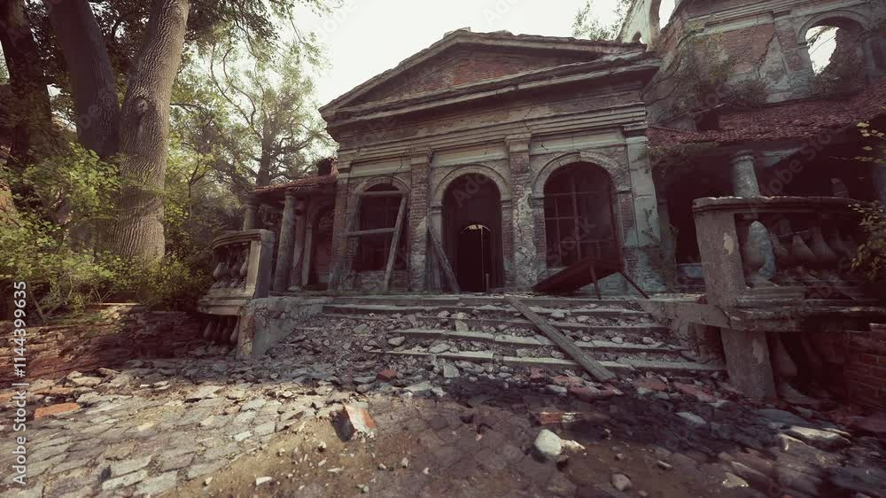 An old European mansions crumbling walls, cloaked in vines and debris ...