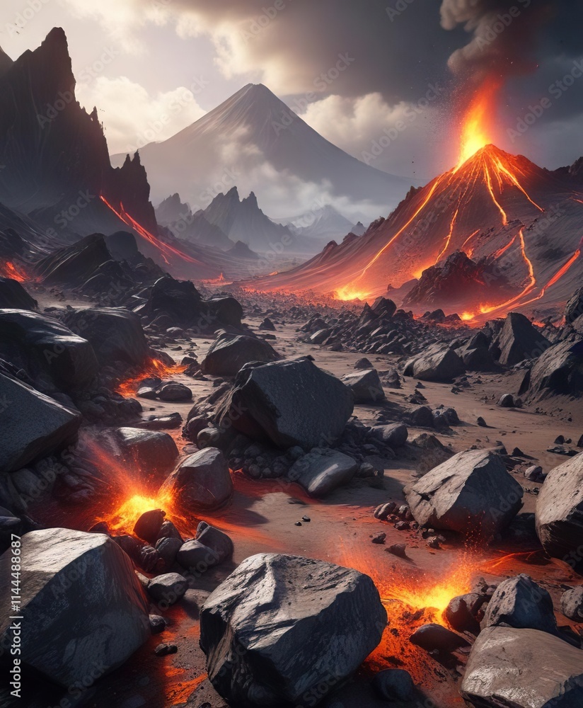 Volcanic ash and rocks scattered around a devastated volcanic landscape ...