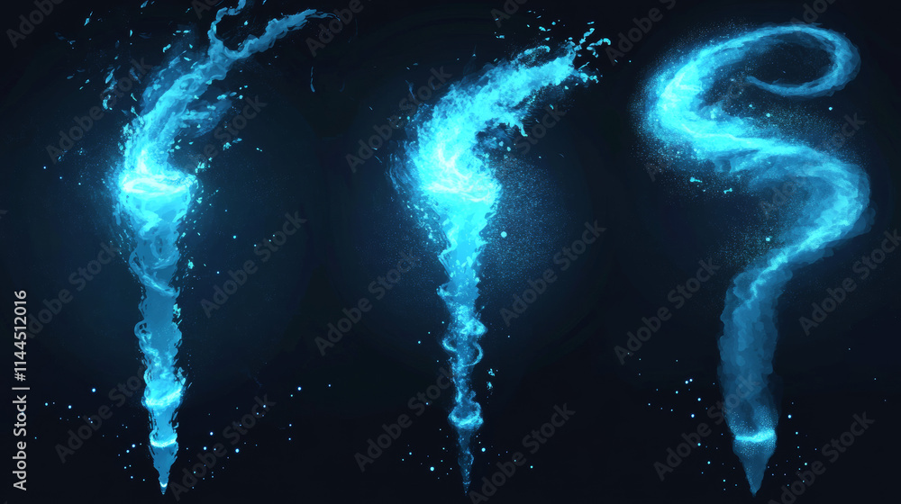 Cartoon sprite sheet of water tornado animation set on dark background ...